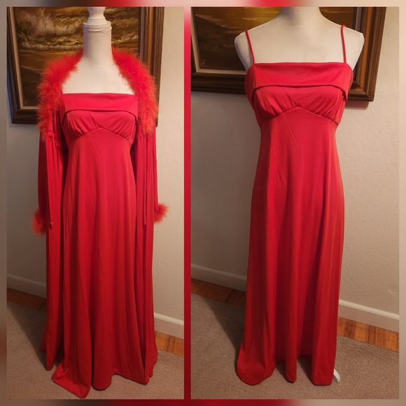 Vintage | Dresses | Vintage 96s 1970s Red Sleeveless Maxi Dress Marabou ...